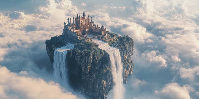 A Floating Castle Surrounded by Waterfalls for Fantasy Magical and ...
