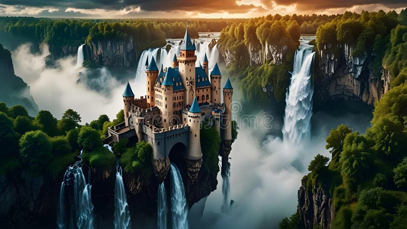 A Floating Castle Suspended in the Sky with Waterfalls Stock ...