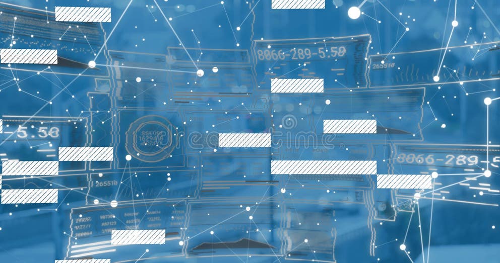 Floating Central Data Panels and Circular Nodes Linking in Deep Blue Space, with Alphanumeric ...