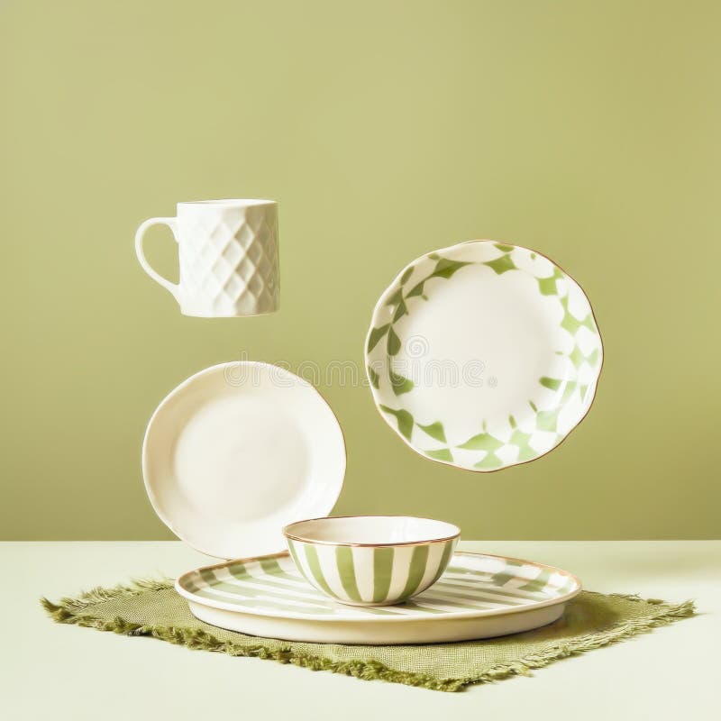 Floating Ceramic White Tableware Set with Green Patterns on Pastel ...