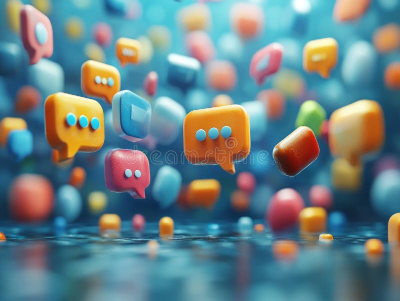 Floating Chat Icons and Text Bubbles Against a Vibrant Blue Background ...