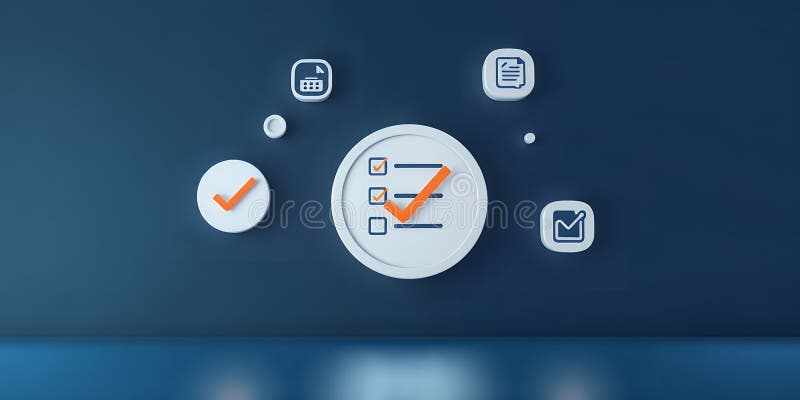 Floating Checklist with Orange Checkmarks and Icons on a Dark Blue ...