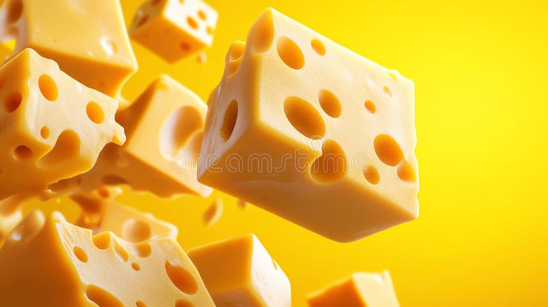 Floating Cheese Cubes with Holes on a Bright Yellow Background Stock ...
