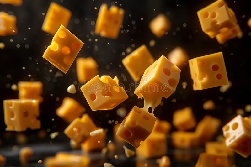 Floating Cheese Cubes in Mid-air with a Dynamic Motion Effect Stock ...