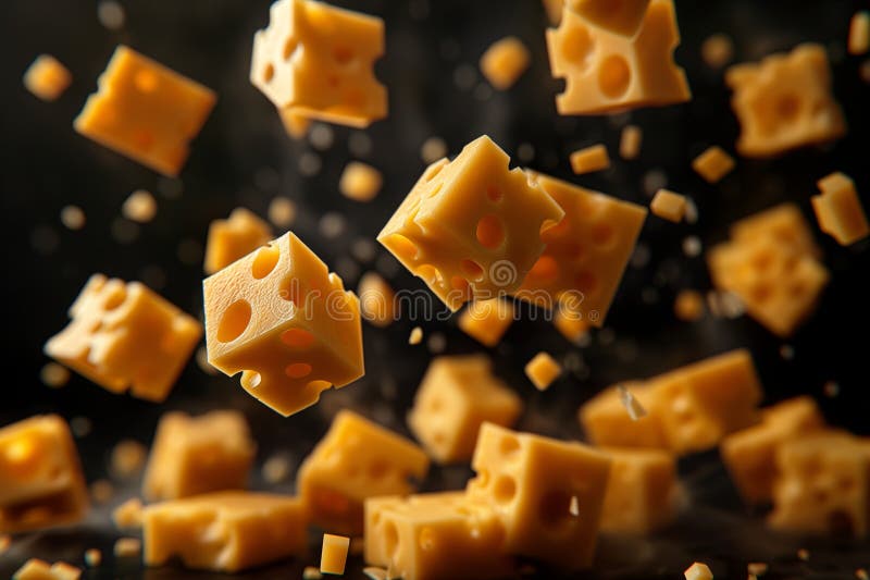 Floating Cheese Cubes in Mid-air with a Dynamic Motion Effect Stock ...