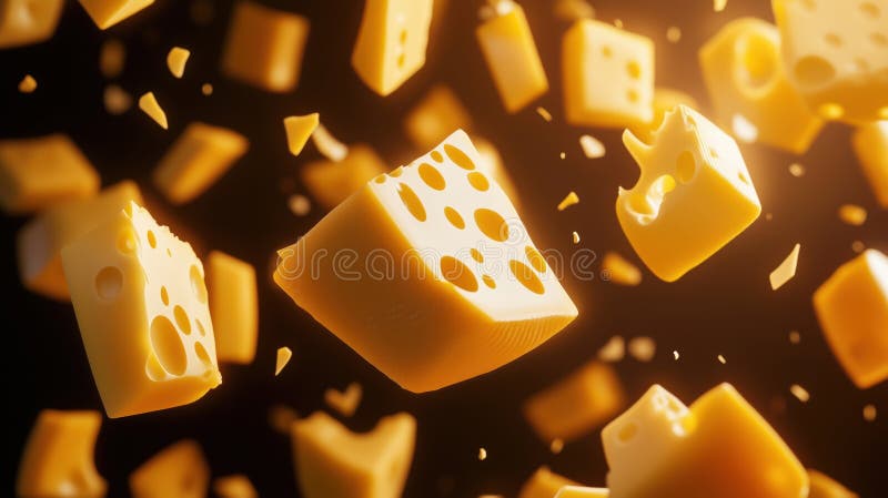 Floating Cheese Cubes, Vibrant Yellow, Dynamic Composition, Abstract ...