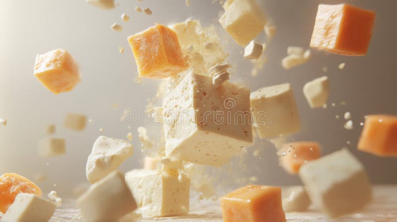 Floating Cheese Cubes: White and Orange Dairy Product Stock ...
