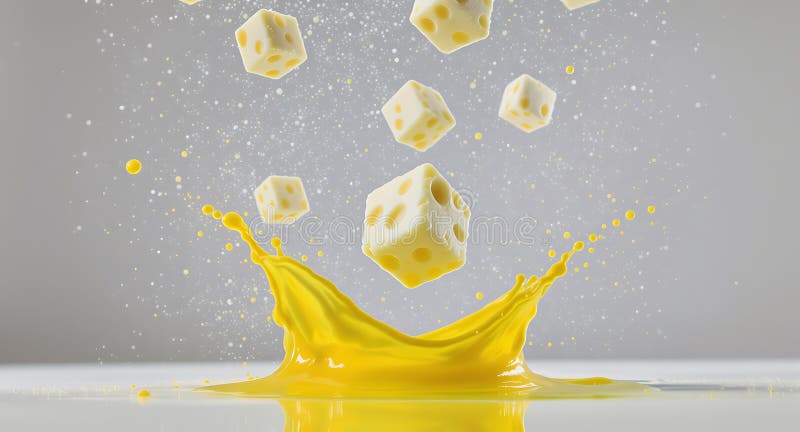 Floating Cheese Cubes with Yellow Liquid Splash in Studio Setup Stock ...