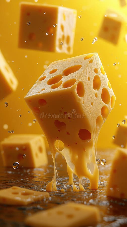 Floating Cheese Pieces in a Minimalistic Setting with a Vibrant Yellow ...