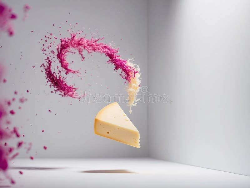 Floating Cheese Slice with Dynamic Particles in Motion. Stock Photo ...
