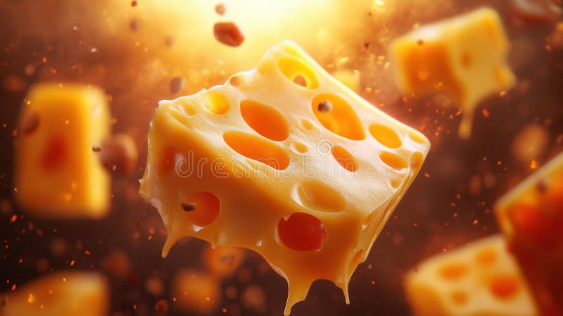 Floating Cheese Slice with Holes on Warm Glowing Background Stock ...