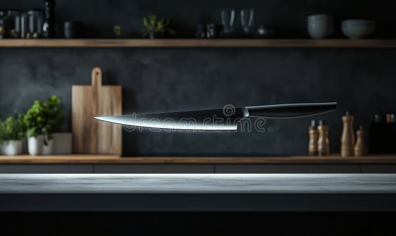 Floating Chef S Knife in Modern Kitchen Setting with Wooden Shelves and ...