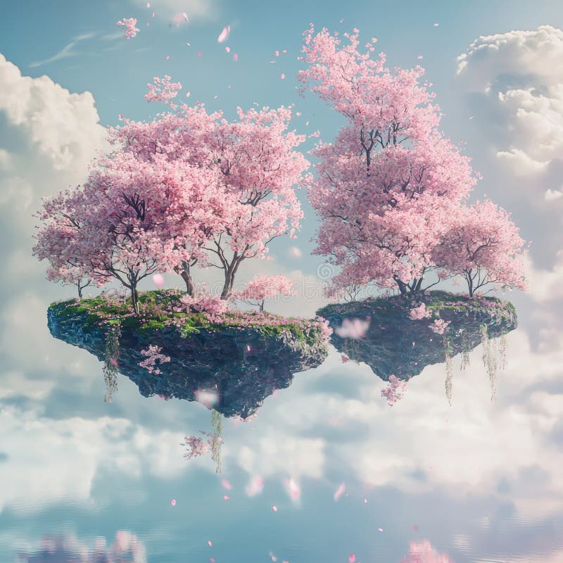 Floating Cherry Blossom Islands with Soft Clouds and Reflections Stock ...