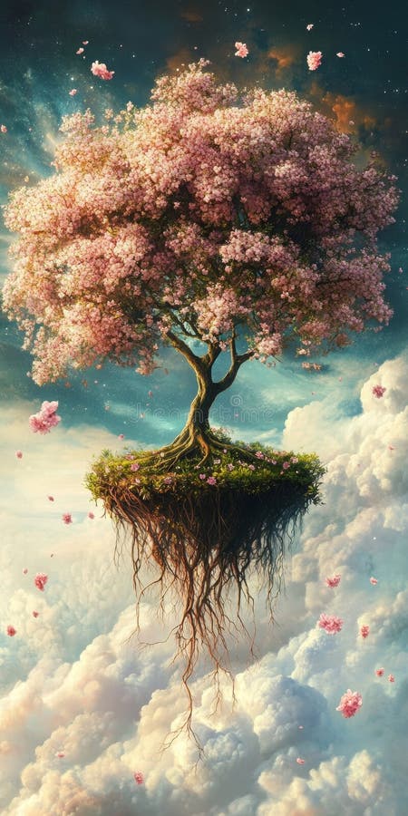 Floating Cherry Blossom Tree in a Dreamy Sky Stock Illustration ...