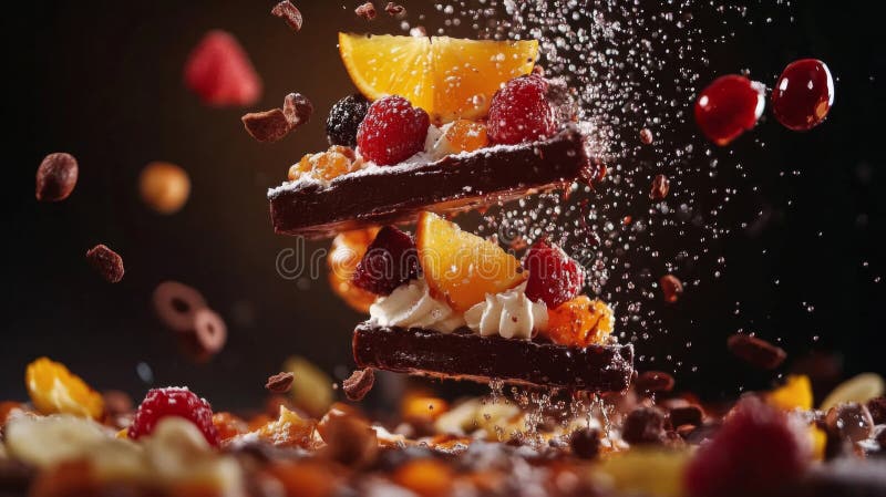 Floating Chocolate Cake Layers with Berries and Cereal Stock ...