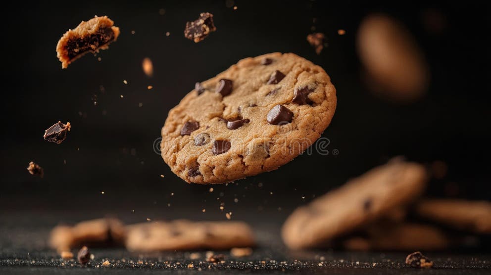 Floating Chocolate Chip Cookie with Crumbs on Dark Background Stock ...