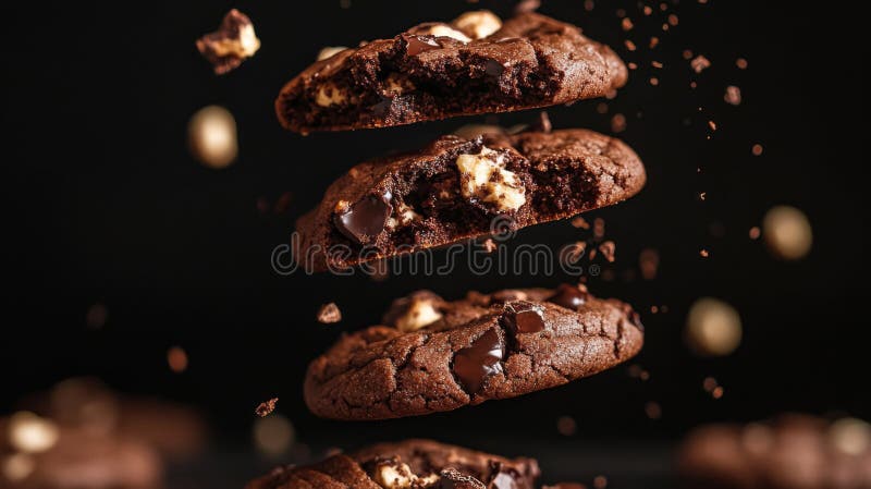 Floating Chocolate Chip Cookies Against Dark Background Stock ...