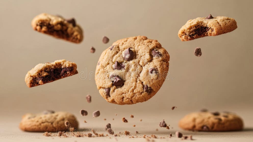 Floating Chocolate Chip Cookies on Beige Background Stock Illustration ...
