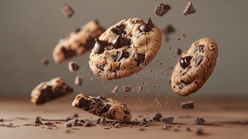 Floating Chocolate Chip Cookies with Crumbs on Brown Background Stock ...