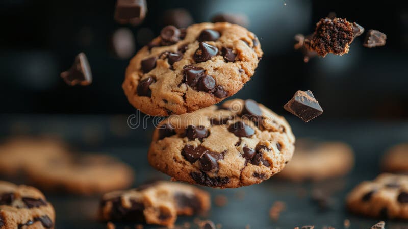 Floating Chocolate Chip Cookies Dark Background Stock Illustration ...