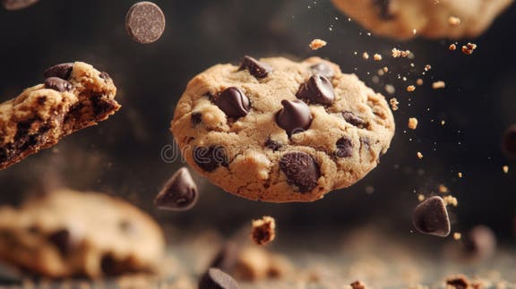 Floating Chocolate Chip Cookies with Dark Background Stock Illustration ...