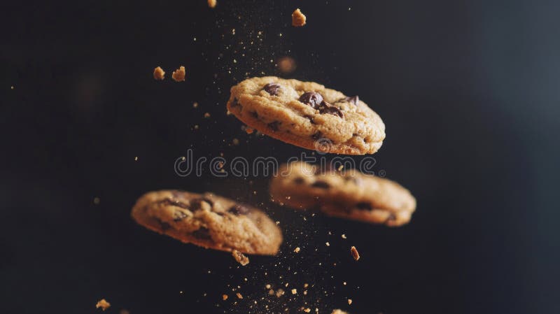 Floating Chocolate Chip Cookies Dark Background Stock Illustration ...