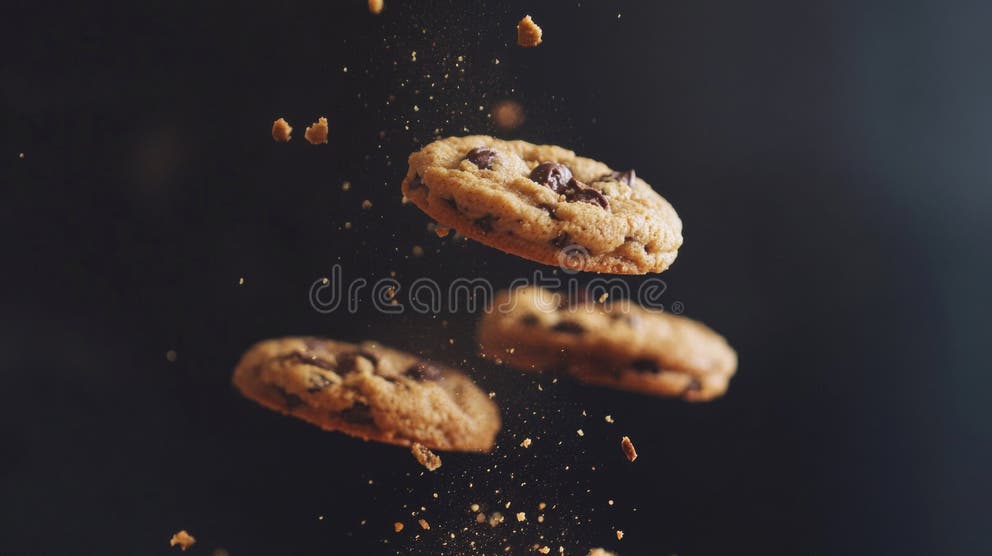 Floating Chocolate Chip Cookies Dark Background Stock Illustration ...