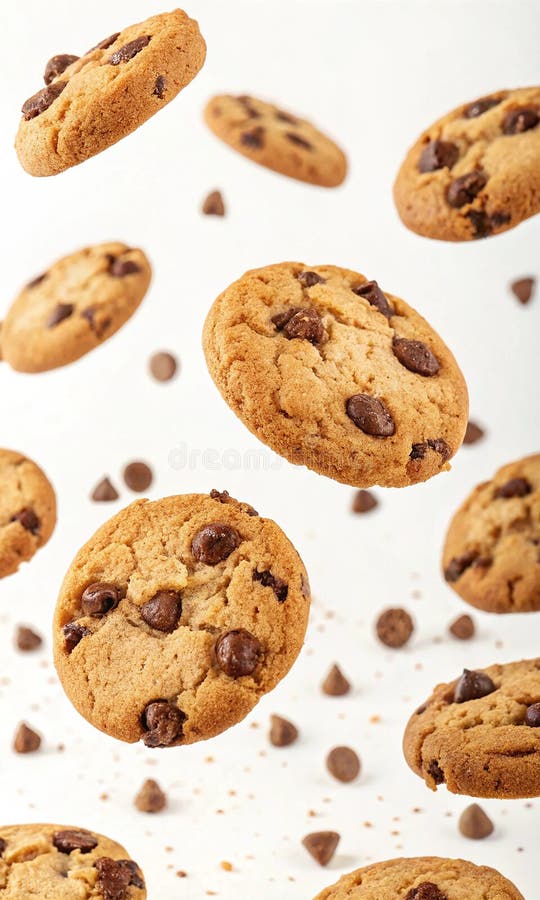 Floating Chocolate Chip Cookies on White Background Stock Illustration ...