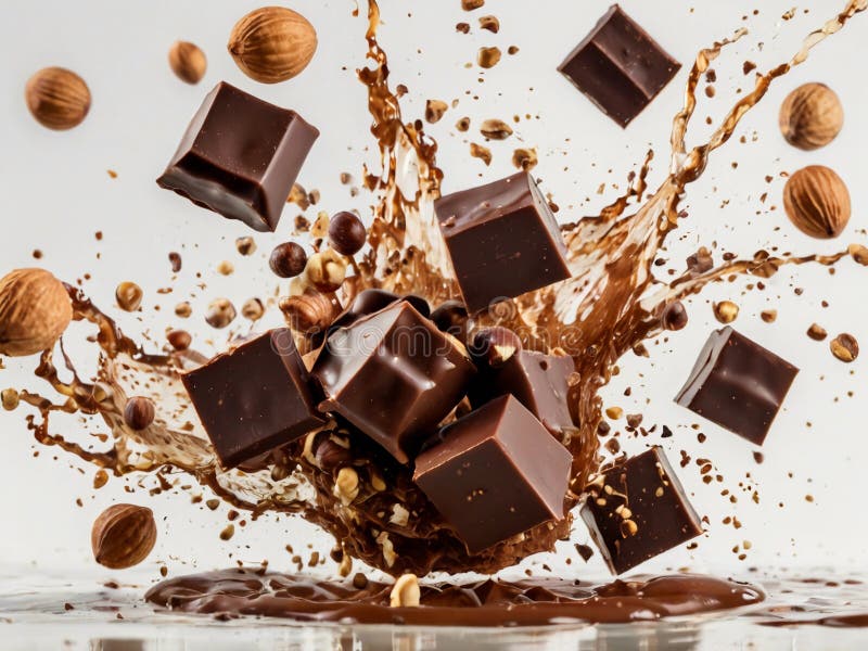 Floating Chocolate Pieces and Hazelnuts Exploding Stock Image - Image ...