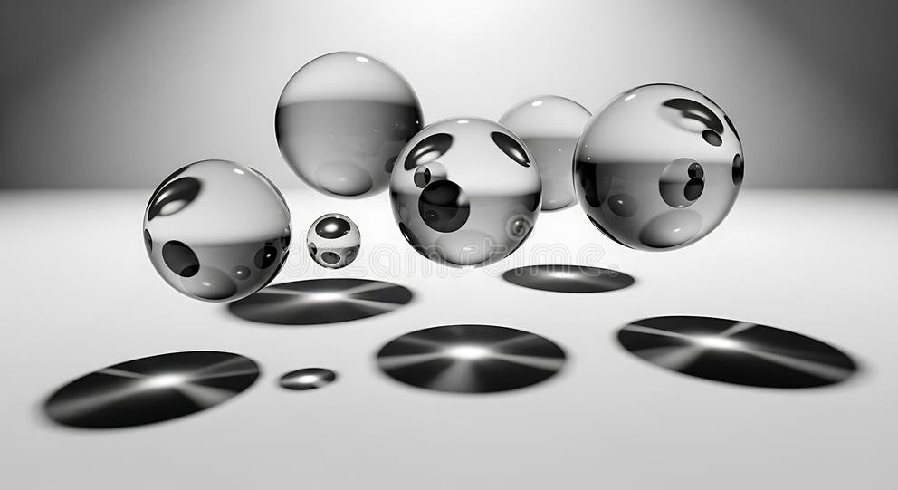 Floating Chrome Spheres of Various Sizes Hover Above a White Surface ...