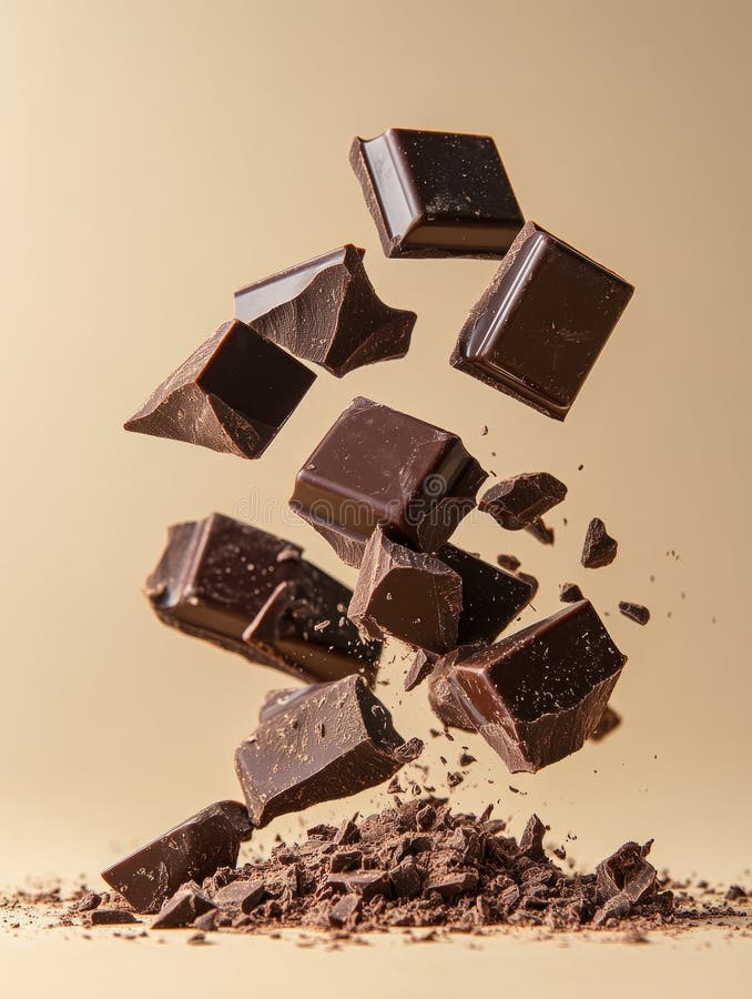 Floating Chunks of Dark Chocolate Against a Beige Background Stock ...