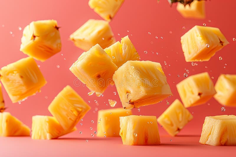Floating Chunks of Pineapple Against a Vibrant Background in a Creative ...