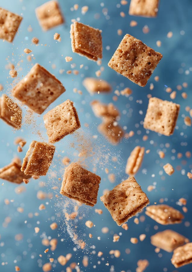 Crunchy Cinnamon Squares Falling in Air with Blue Background Stock ...