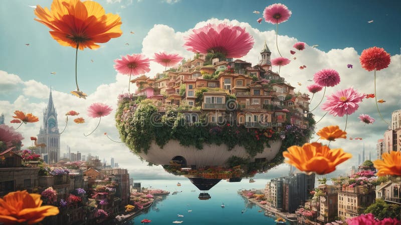 Floating Cities with Colorful Flowers Stock Illustration - Illustration ...