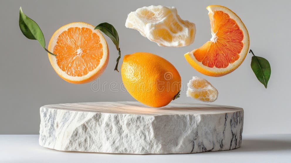 Floating Citrus Fruits on Stone Platform Stock Illustration ...