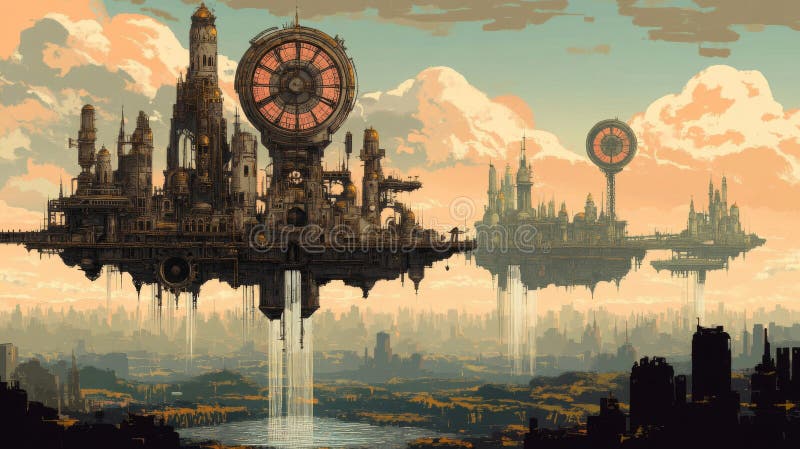 Floating City with Clock Towers and Pixel Art Style Stock Illustration ...