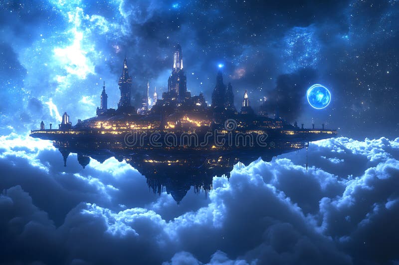Floating City in the Clouds Under a Starry Night Sky Stock Illustration ...