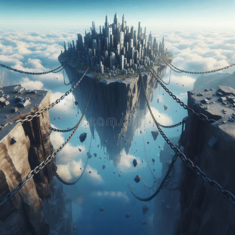 A Floating City Connected by Chains between the Rocks. Stock Photo ...