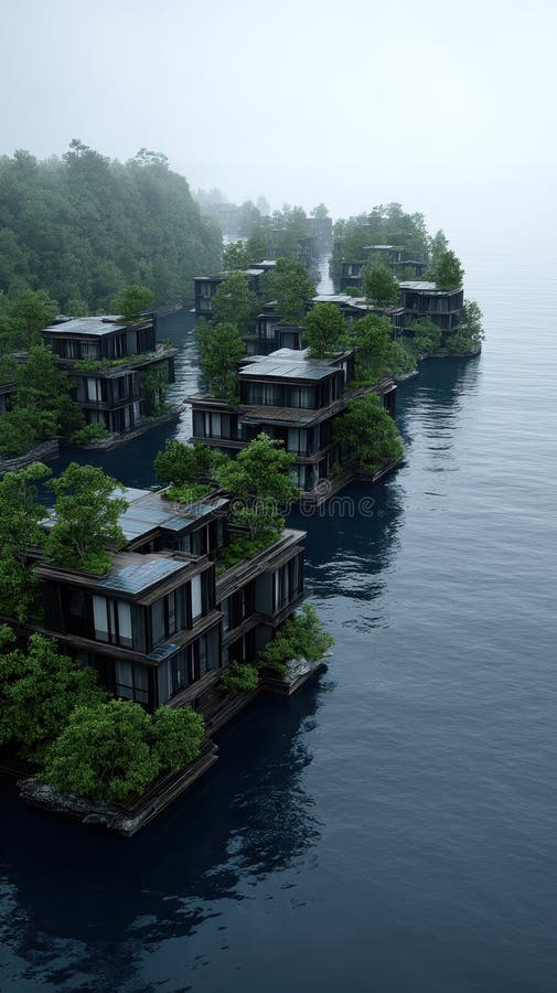 Floating City with Lush Greenery on Water, Designed for Sustainability ...