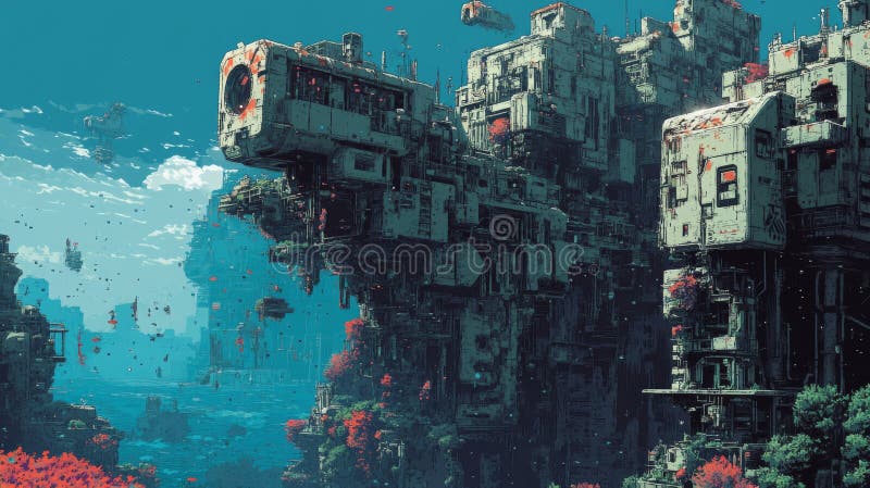 Floating City Ruins Pixel Art Landscape Stock Illustration ...
