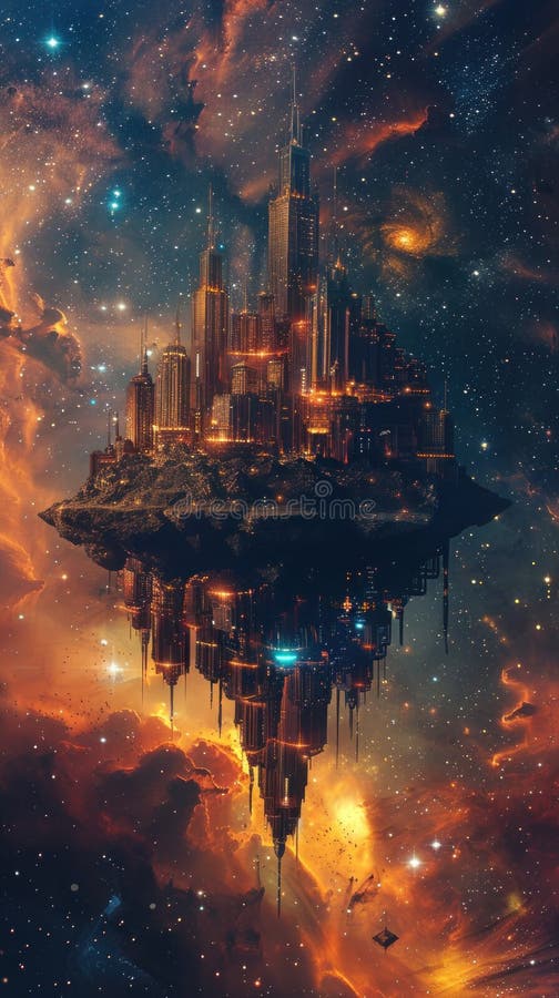 A Floating City in Space with a Beautiful Nebula in the Background ...