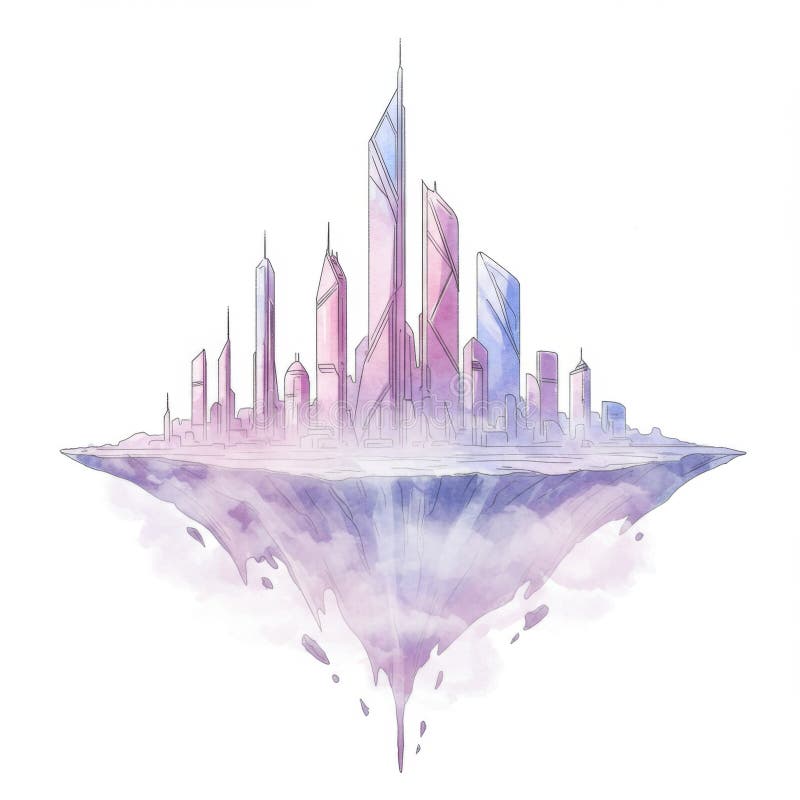 Floating City Watercolor Skyline Illustration Stock Illustration ...