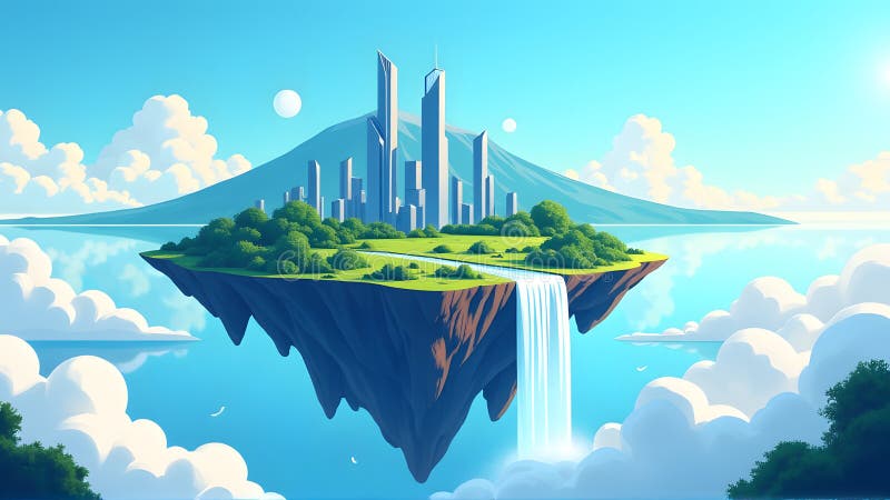 Floating City with Waterfall Stock Illustration - Illustration of city ...