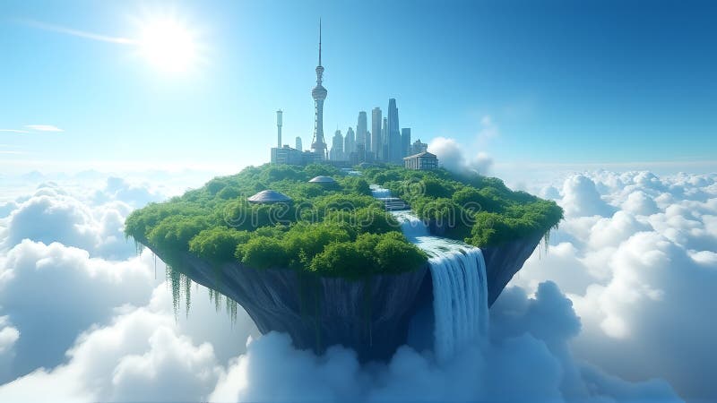 Floating City with Waterfall Stock Illustration - Illustration of ...