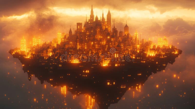 Floating Cityscape with Towering Structures Reflecting Orange Sunlight ...