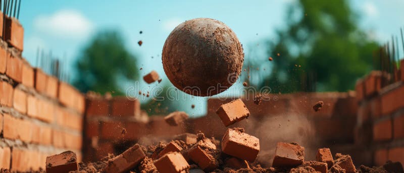 Floating Clay Ball Above Falling Bricks at Construction Site Under ...