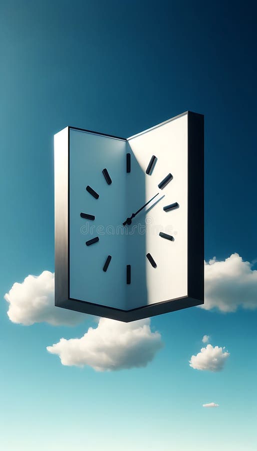Floating Clock Shaped Like an Open Book in the Sky Stock Illustration ...