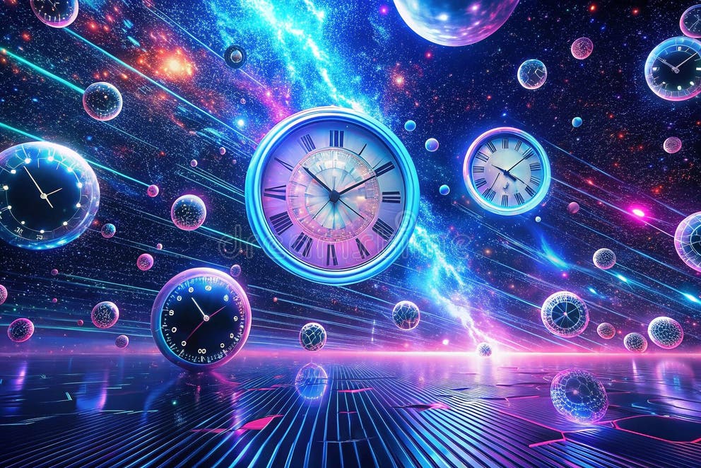 Floating Clocks in a Vibrant Cosmic Time Warp Stock Illustration ...