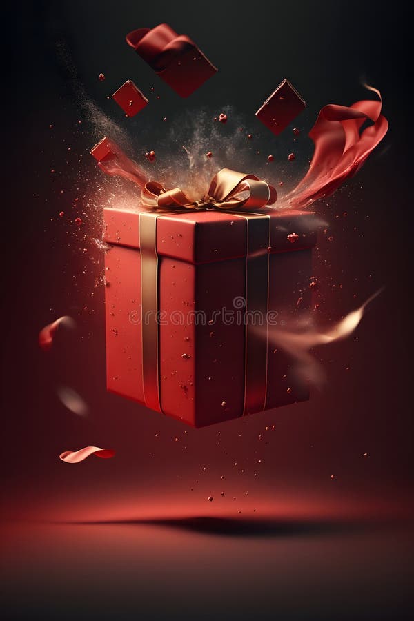 Floating Closed Gift Box with Water Splash Effect on Dark Red ...