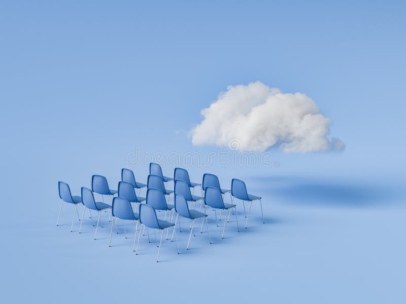 Floating Cloud Above Rows of Blue Chairs in a Minimalistic Setup Stock ...